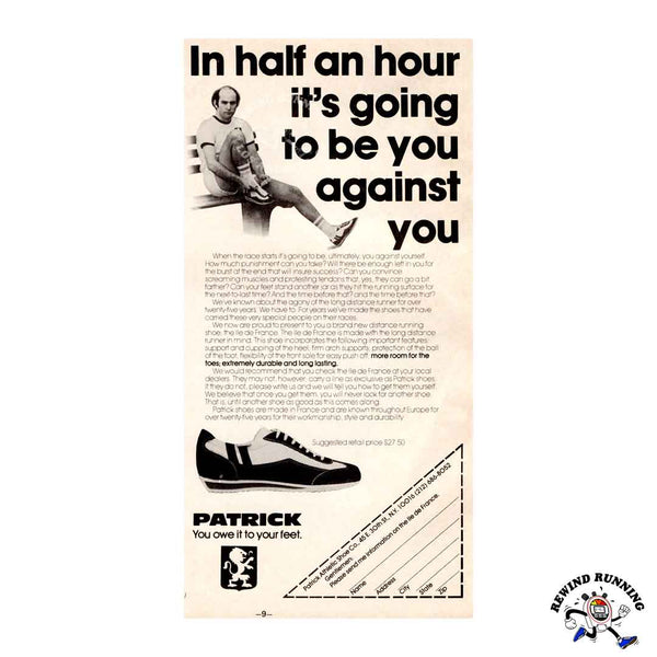 Patrick Ile de France 1977 vintage running shoes print ad – Rewind Running™
